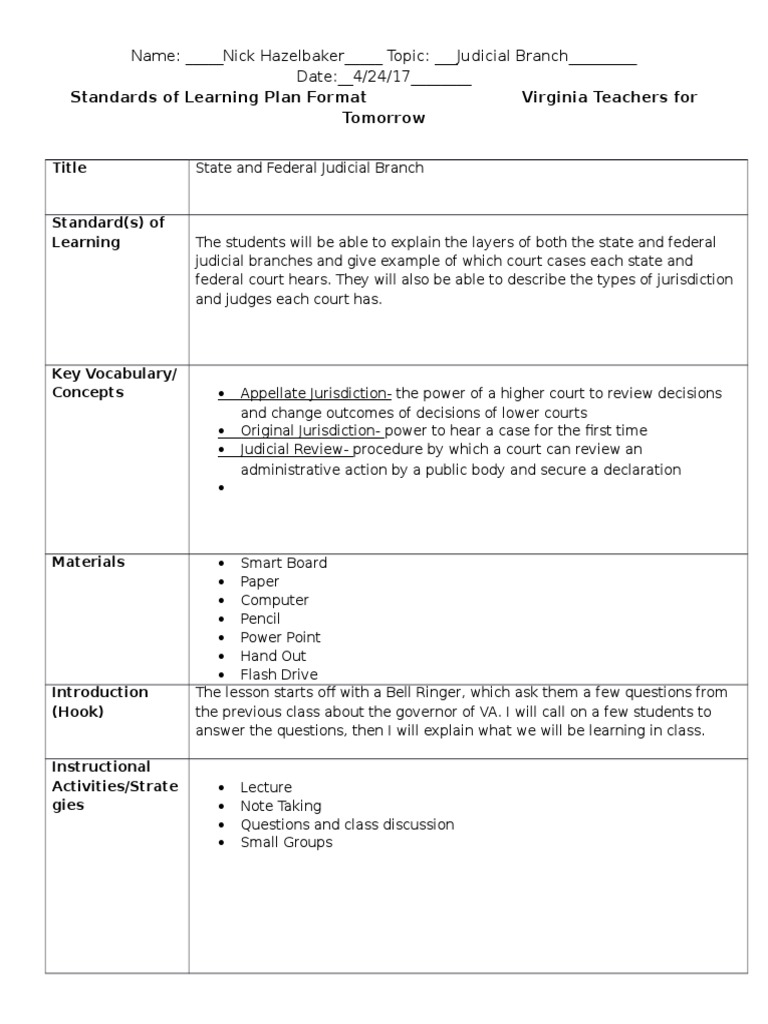Standards of Learning Plan Format Virginia Teachers For Tomorrow | PDF ...