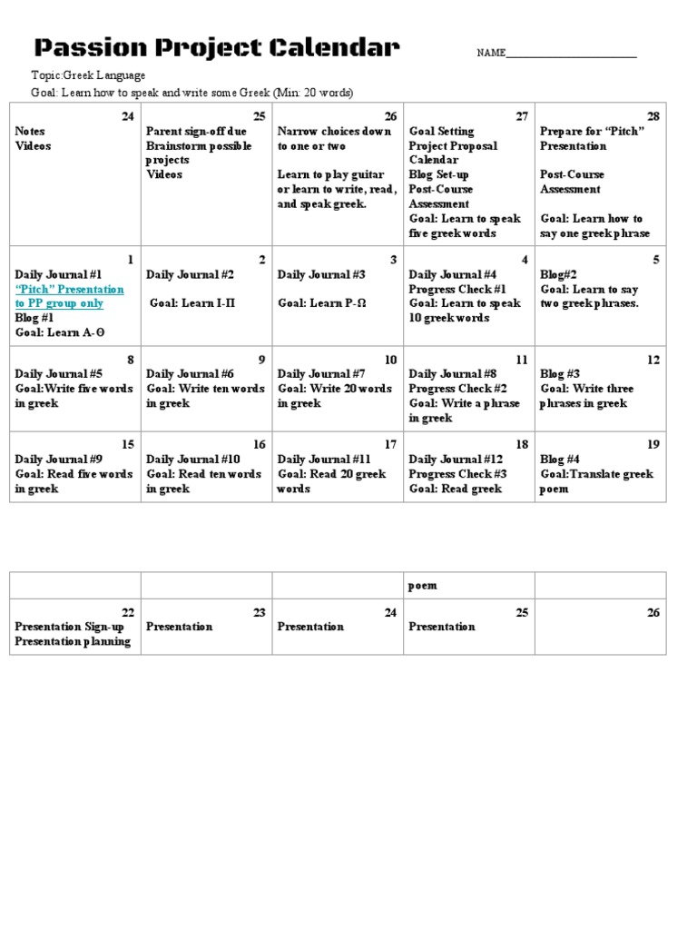 Passion Project Calendar: Topic:Greek Language Goal: Learn How To Speak ...