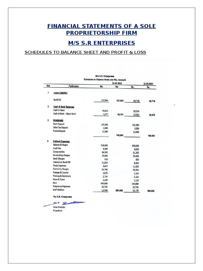 Financial Statements of A Sole Proprietorship Firm M/S S.R Enterprises ...