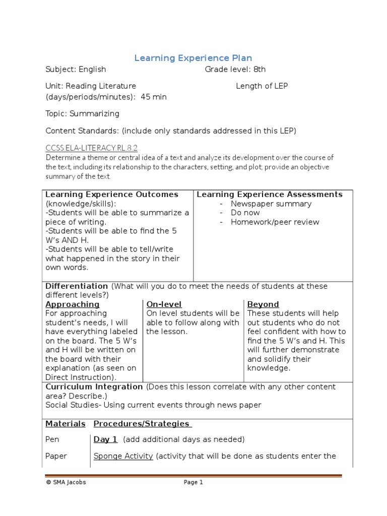 Learning Experience Plan Summarizing | PDF | Educational Assessment | Curriculum