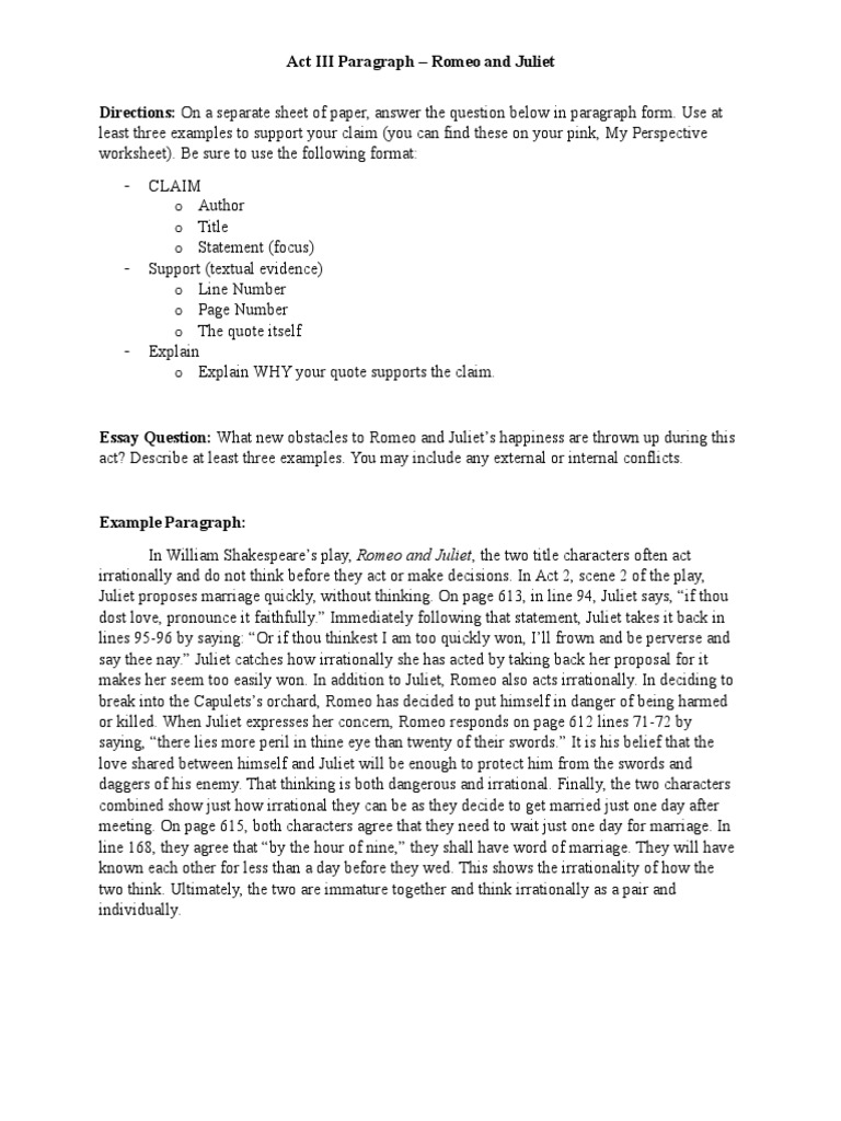 Act III Paragraph - Romeo and Juliet Directions: On A Separate Sheet of ...