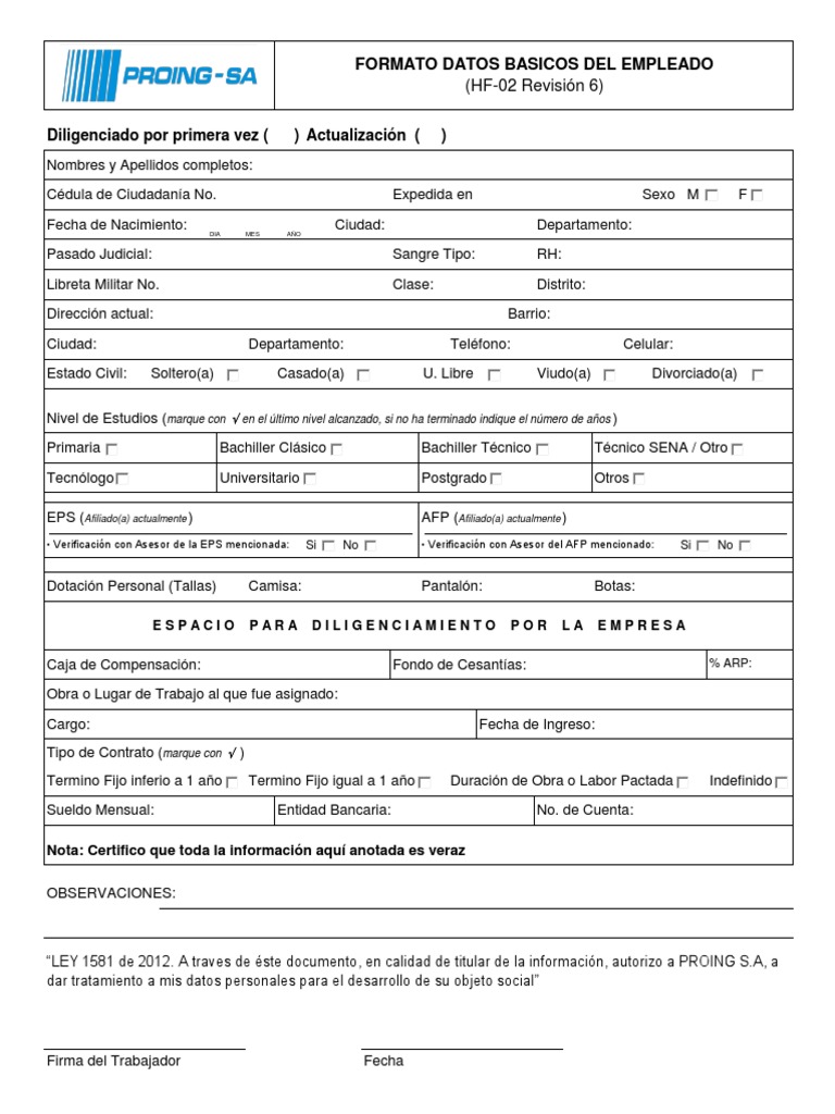 Hf 02 Formato Datos Basicos Del Empleado