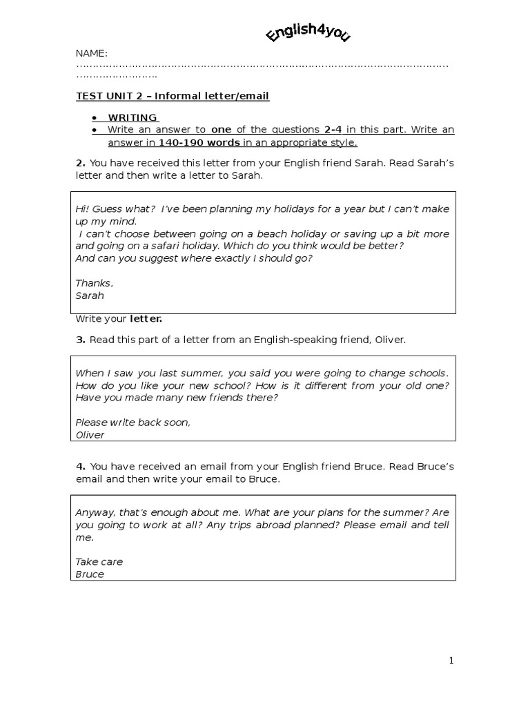 TEST UNIT 2 Writing Informal Email | PDF