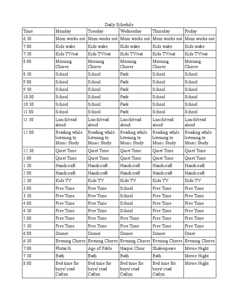 Daily schedule for rest of summer | Leisure