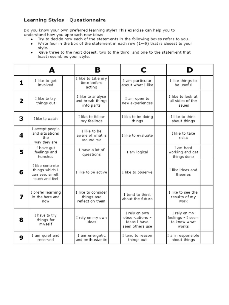 Learning Styles Questionnaire Guide | PDF | Learning Styles | Theory