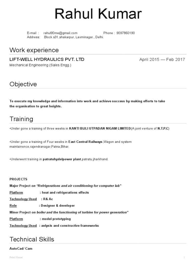 Rahul Kumar's Resume: Seeking a Mechanical Engineering Role Utilizing Strong Technical Skills ...