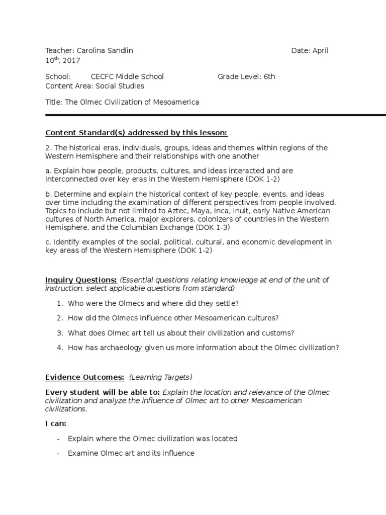The Olmecs - Cep Lesson Plan | PDF | Mesoamerica | Lecture