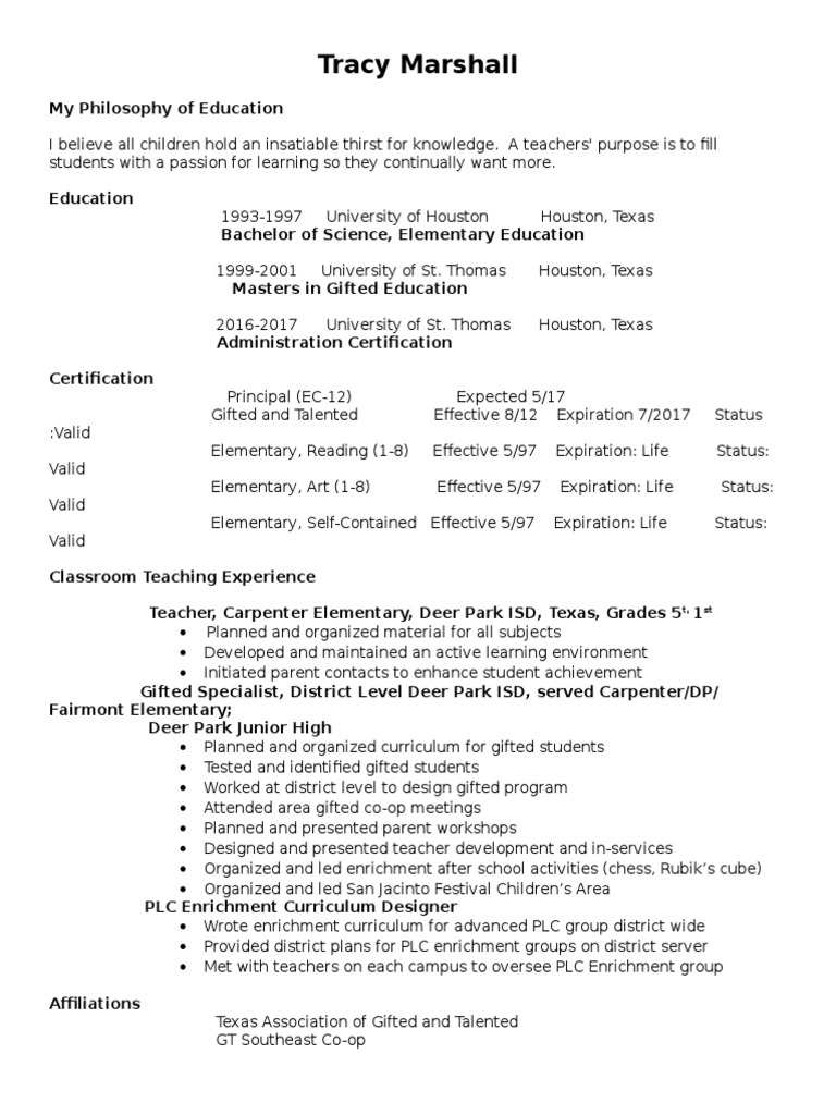 Resume Tracy Marshall | PDF | Gifted Education | Teachers