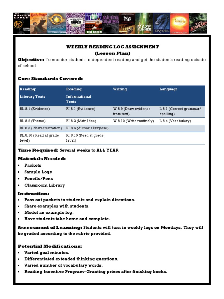 Reading Log Assignment Sheet | PDF | Homework | Cognition