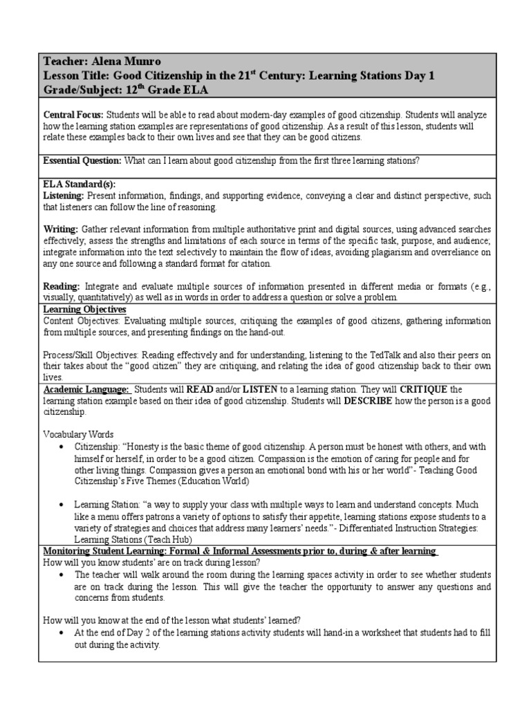 Learning Station Day 1 Lesson Plan | PDF | Learning | Cognition