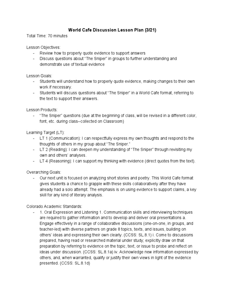World Cafe Discussion Lesson Plan (3/21) | Download Free PDF | Reading ...