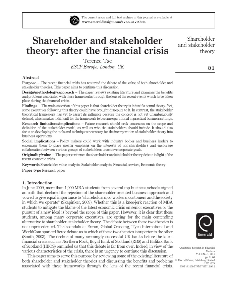 Shareholder and Stakeholder Theory - After The Financial Crisis-1 | PDF ...