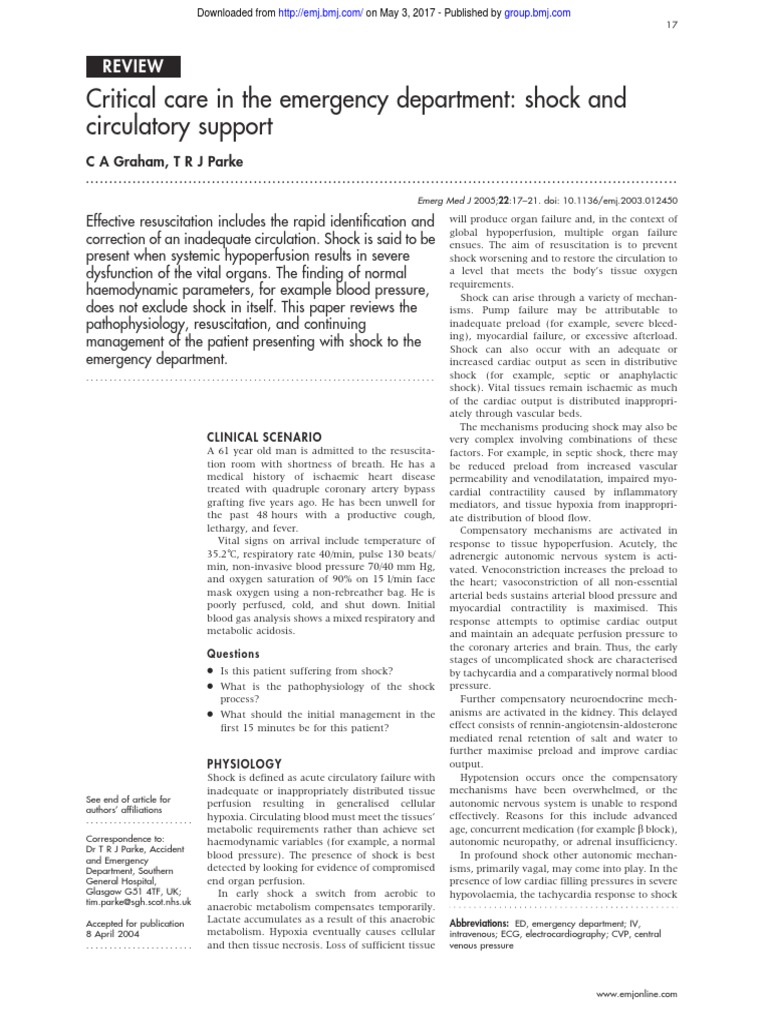 Critical Care in The Emergency Department: Shock and Circulatory ...