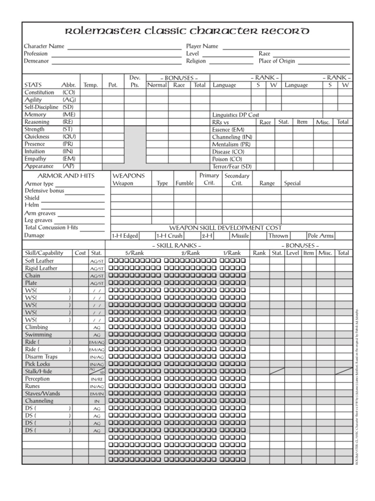 Rolemaster Character Sheet Fillable – FBUGM
