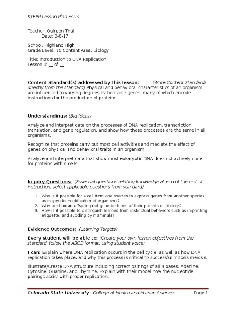 Lesson Plan 3-8-17 | PDF | Dna | Dna Replication