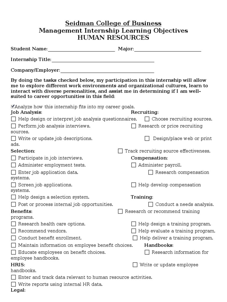 Management Human Resources Internship Learning Objectives | PDF