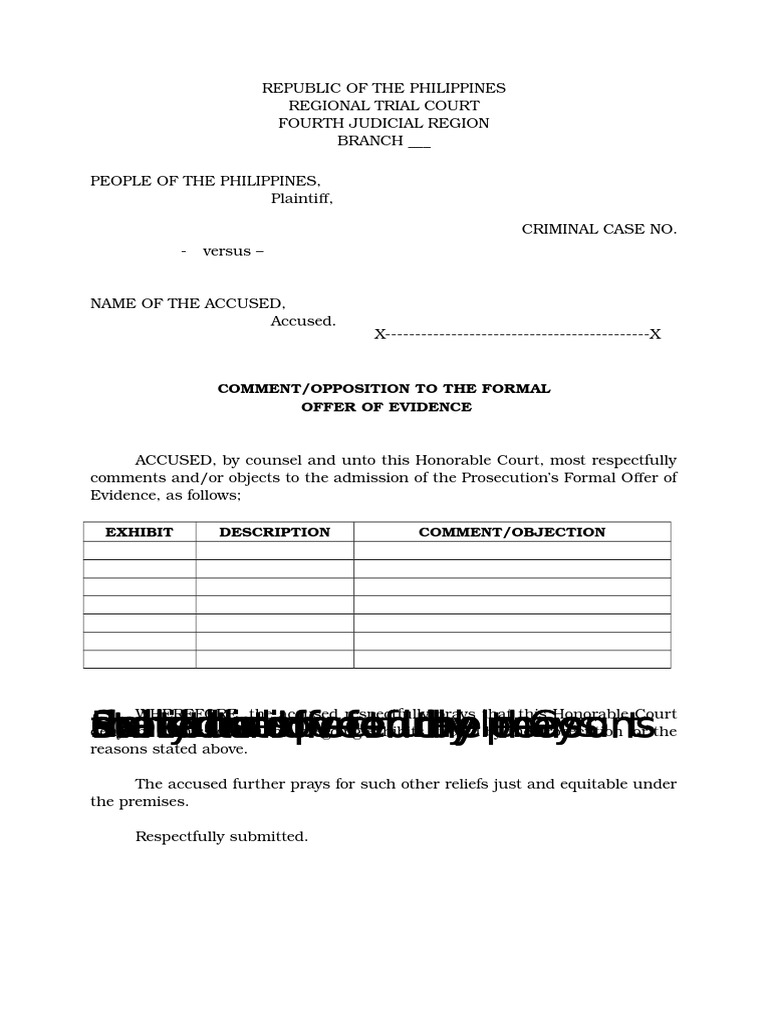 Comment/Opposition To The Formal Offer of Evidence | PDF