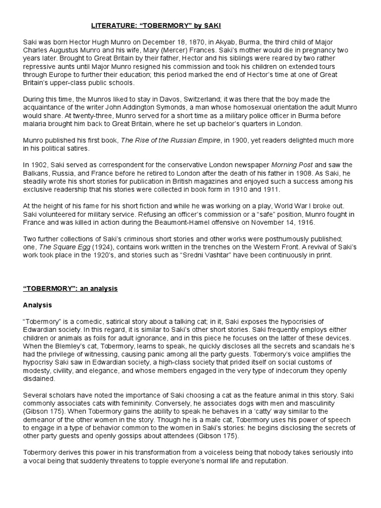 Tobermory by Saki - Activities For ESL LEARNERS | PDF | Saki