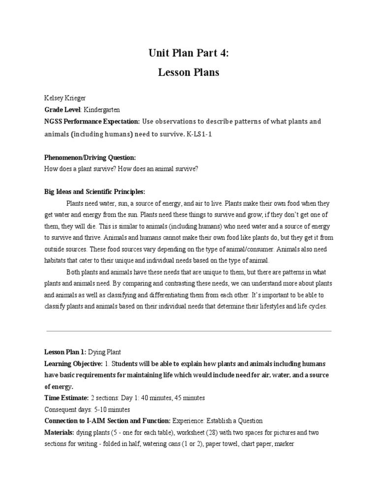 Kindergarten Plant and Animal Survival Lessons | PDF | Lesson Plan | Plants