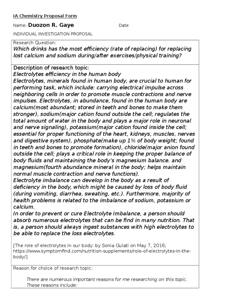 Chemistry 1st IA Proposal | PDF | Electrolyte | Human Body
