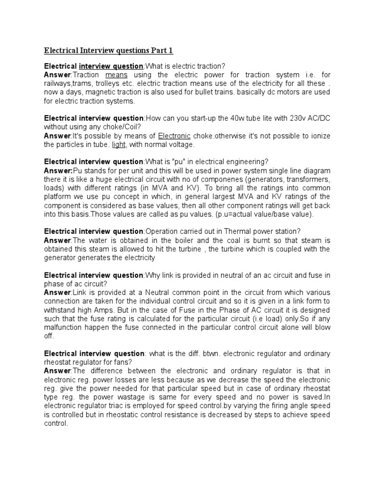Electrical Interview Questions | PDF | Transformer | Alternating Current