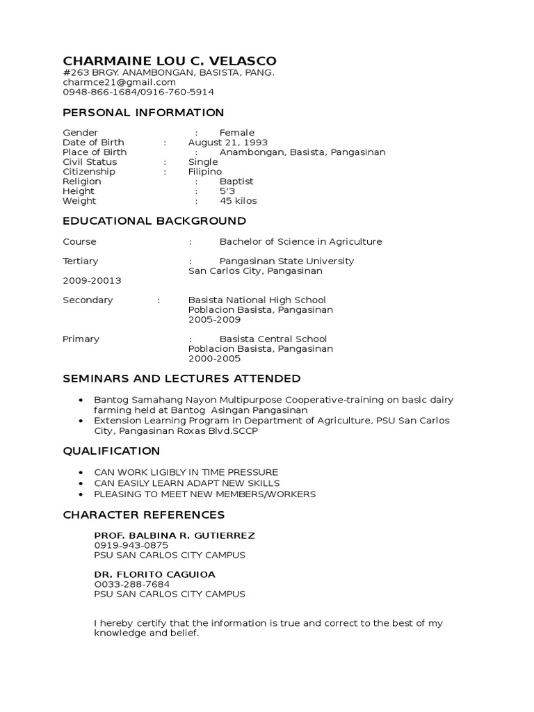 Charmaine Lou C. Velasco: Personal Information | PDF