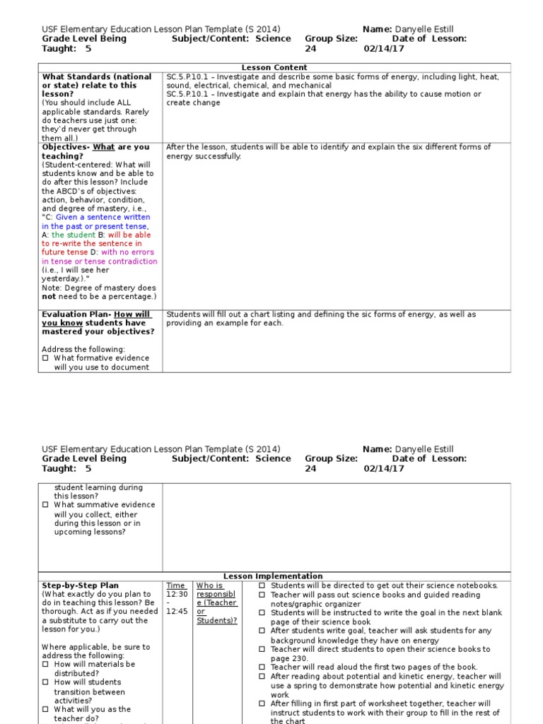 USF Elementary Education Lesson Plan Template (S 2014) | Lesson Plan ...