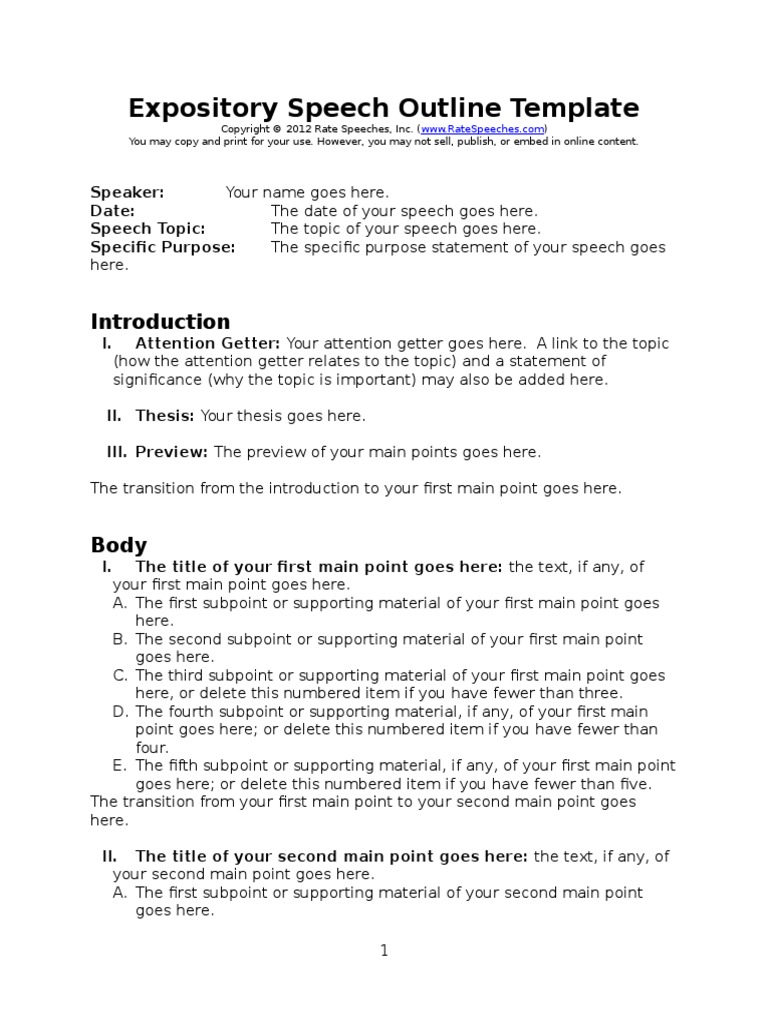 Expository Speech Outline Template Subpoint Level | PDF | Intellectual ...