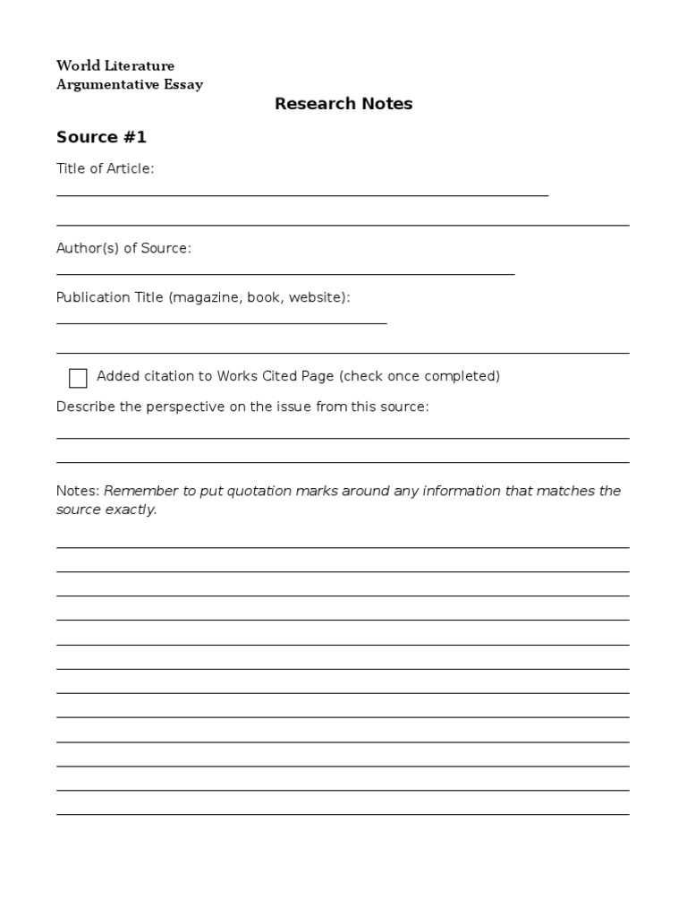 Research Notes Source #1: World Literature Argumentative Essay | PDF