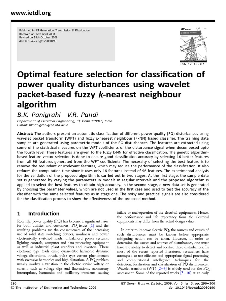 Optimal Feature Selection For Classification of Power Quality Disturbances Using Wavelet Packet ...
