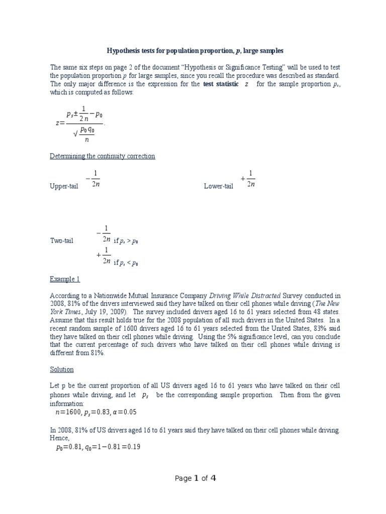 Hypothesis Tests For Population Proportion - Large Sample | PDF ...