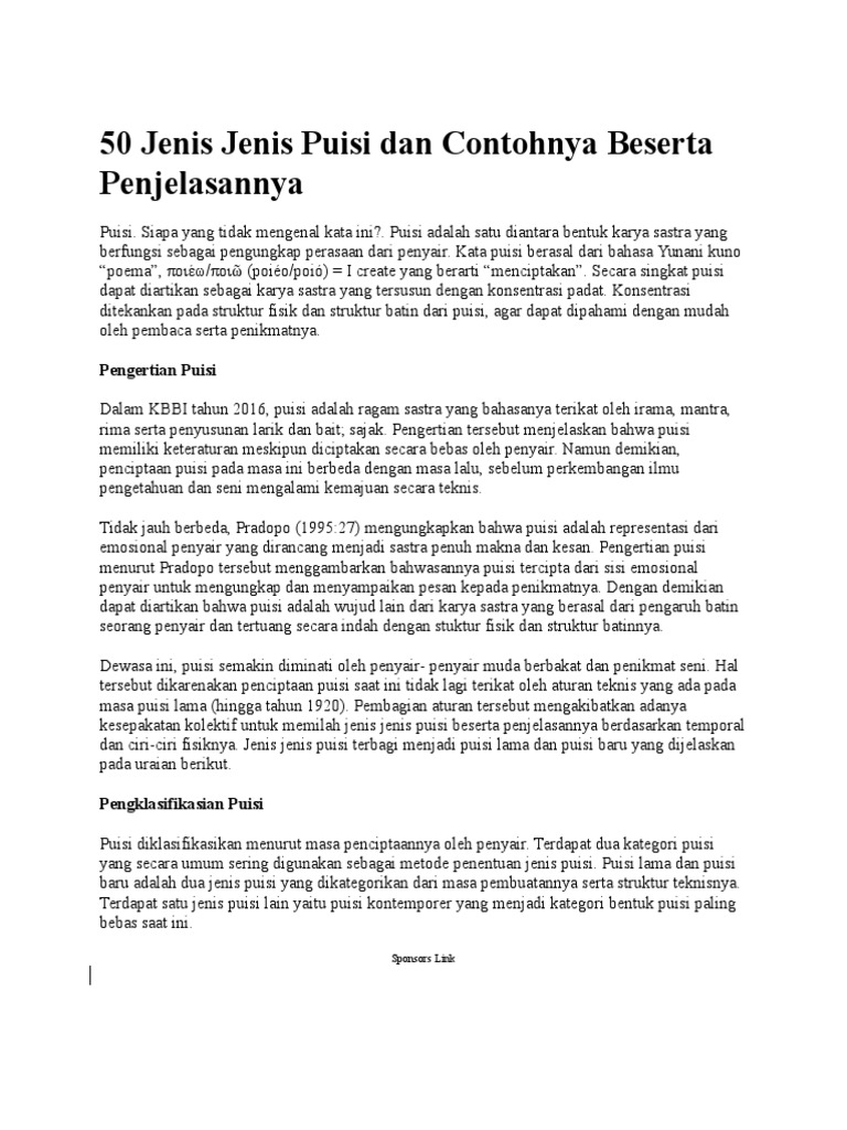 50 Jenis Jenis Puisi Dan Contohnya Beserta Penjelasannya | PDF