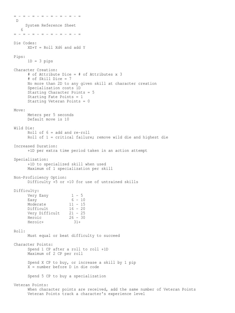 D6 Reference Sheet | PDF