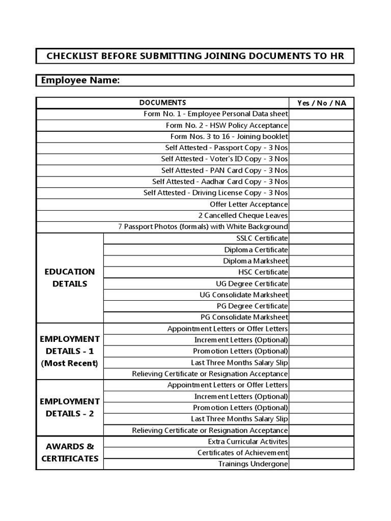 HR Onboarding Document Checklist | PDF