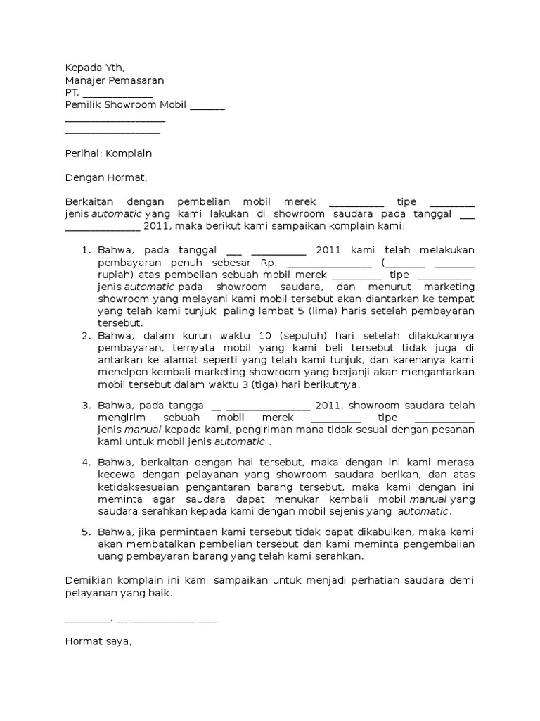 Draf Surat Komplain Pembelian Barang | PDF