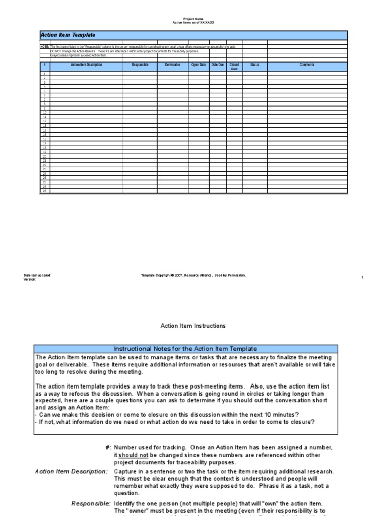 Action Item Template: Project Name Action Items As of XX/XX/XX | PDF ...