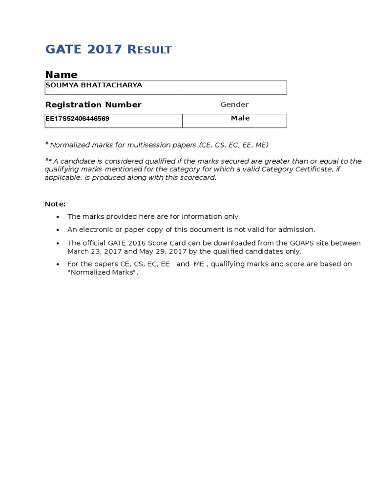 GATE 2017 R: Esult | PDF