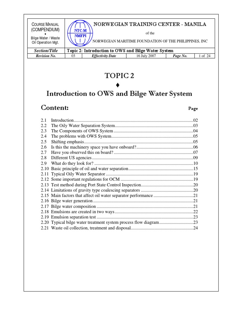 Topic 2 Introduction To OWS and Bilge Water System Content | PDF ...