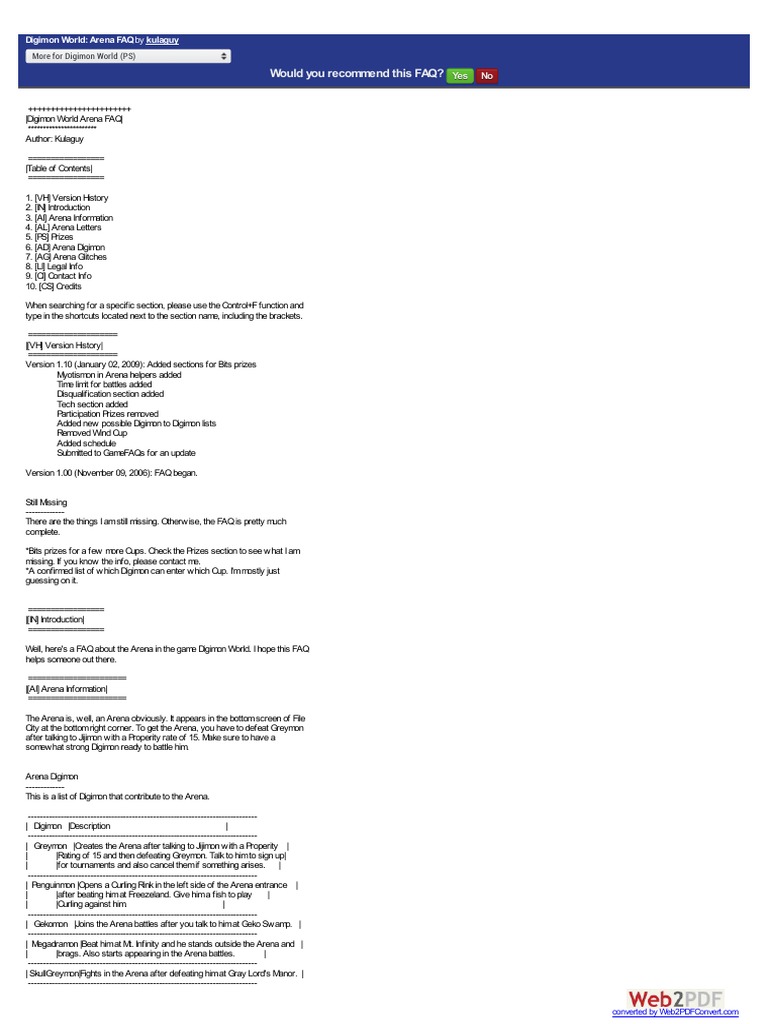 Digimon World - Arena FAQ by Kulaguy | Unduh gratis PDF | Setting ...