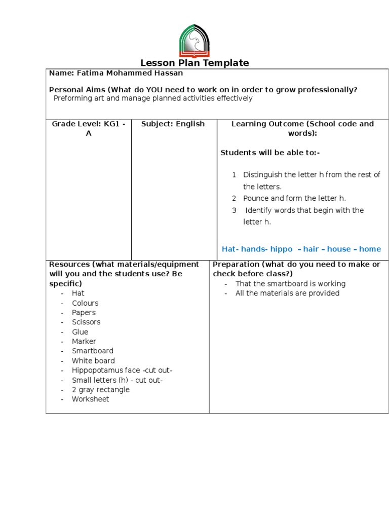 Lesson Plan Letter H | PDF | Lesson Plan | Education Theory