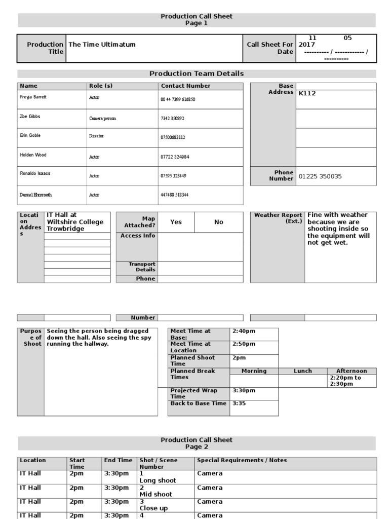 Production Call Sheet 1 | PDF | Leisure