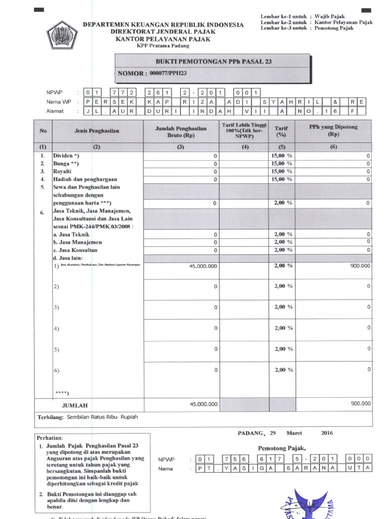 Bukti Pemotongan PPH Pasal 23 | PDF