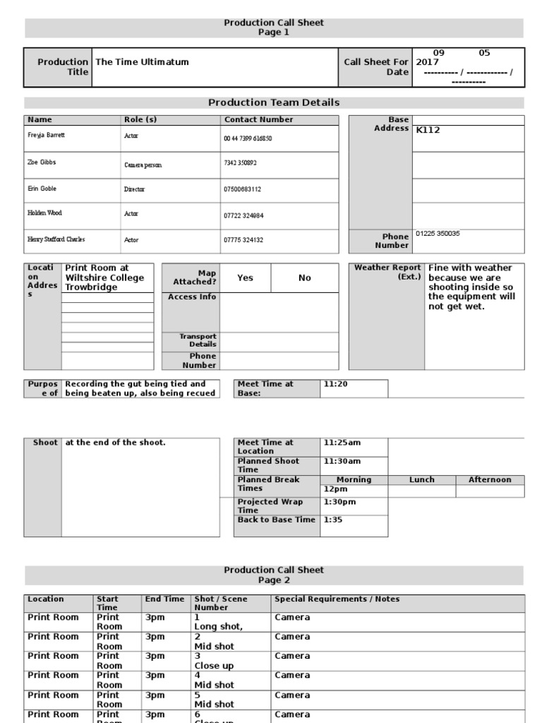 Production Call Sheet | PDF | Leisure