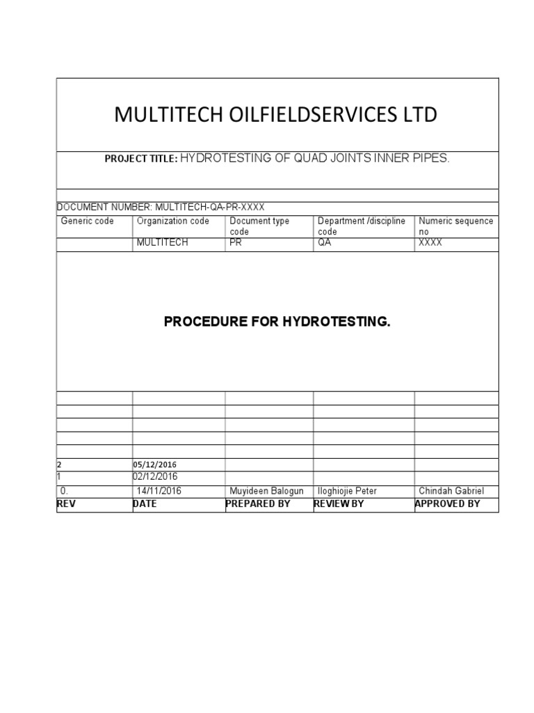 Quad Pipe Hydrotest Procedure Rev2 | PDF | Pipe (Fluid Conveyance ...