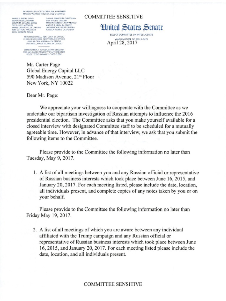 Senate Intelligence Committee Letter To Carter Page | PDF