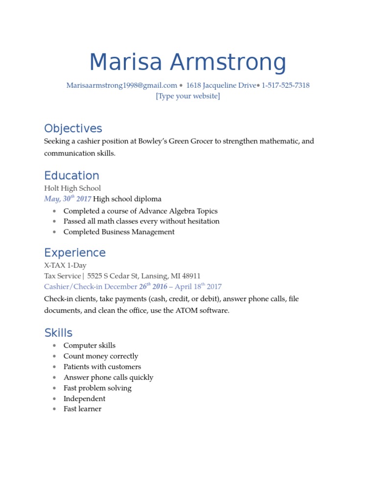 Marisa Armstrong Resume For Cashier | PDF