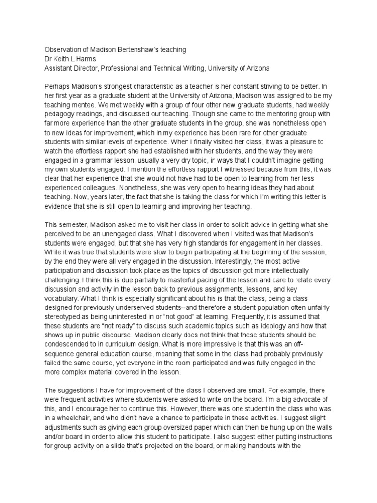 Bertenshaw Teaching Observation Letter | PDF | Mentorship | Curriculum