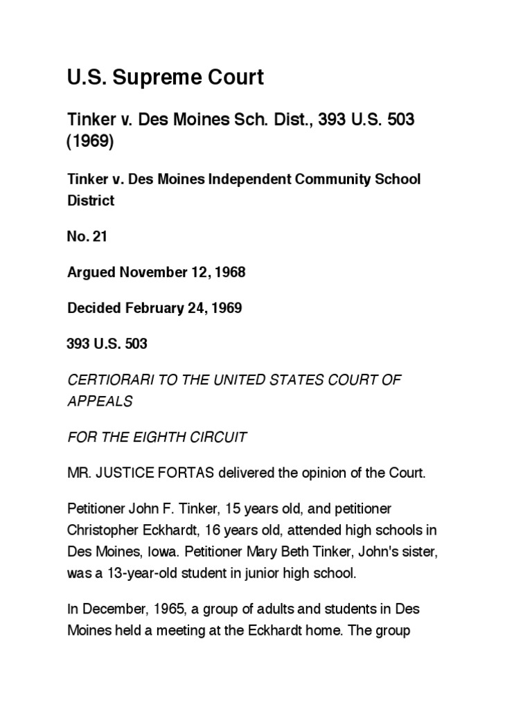 Tinker v. Des Moines Sch. Dist., 393 U.S. 503 (1969) | First Amendment ...