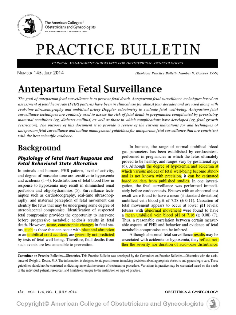Antepartum Fetal Surveillance ACOG Bulletin 2014 PDF | PDF | Fetus ...