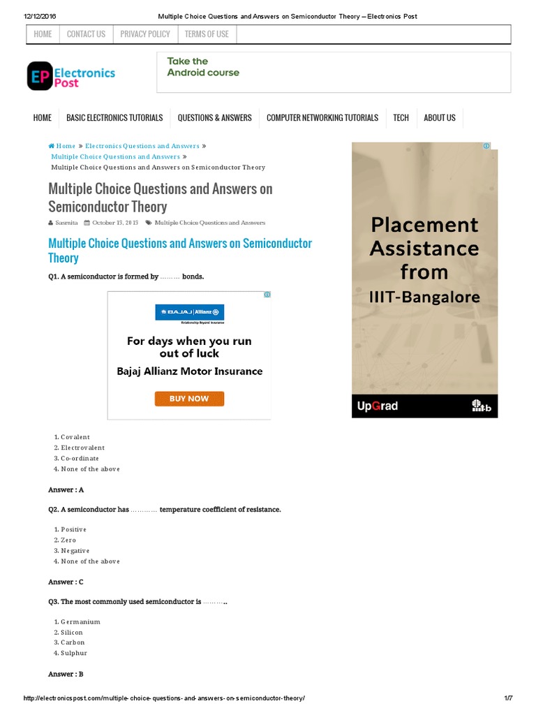 Multiple Choice Questions and Answers On Semiconductor Theory ...